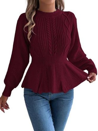 Generic Pull &agrave; manches longues en tricot torsad&eacute; pour femme 2026 - Mode automne - Col rond - Pull ajust&eacute; - Tenue d&eacute;contract&eacute;e et tendance, Rouge, XL