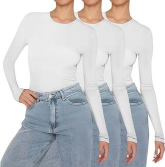 Generic Lot de 3 hauts basiques &agrave; manches longues et col rond pour femme - Chemises thermiques extensibles et ajust&eacute;es - Coupe ajust&eacute;e - Extensible - D&eacute;contra