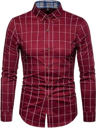 Generic Chemise à manches longues pour homme, coupe droite, style décontracté, tendance, coupe ajustée, col à manches longues, chemise à carreaux athlétique, 
