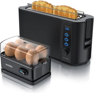Arendo Set Toaster frukost mit Eierkocher sixcook Edelstahl Schwarz, Toaster 2 Scheiben, LED-Display, 6 Br&auml;unungsgrade, Br&ouml;tchenhalter - Eierkocher - Arendo
