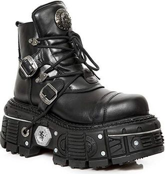 New Rock Bottines de Combat Gothiques à Plateforme en Cuir Noir M-TANK007-S1