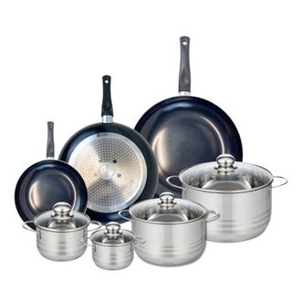 Fackelmann ELO 9749250 Batterie de cuisine 7 pièces, Ensemble de 3 Poêles de cuisson 20, 28 et 32 cm et 4 faitouts 12, 14, 20 et 24 cm Elo Prima Brillant, inox, 