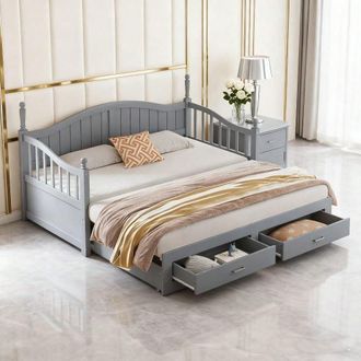 Generic Ausziehbares Schlafsofa, Massivholz Bett, Multifunktionsbett 90/180x190 cm | Mit römischen Säulen, Schubladen, Lattenrost | Kiefernholz Grau mit gesch