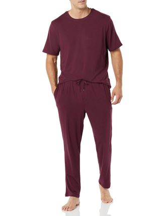 Amazon Essentials Herren Schlafanzug-Set, Modal-Baumwolle, T-Shirt und durchgehende Hose, Dunkles Burgunderrot, 3XL