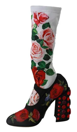 Dolce & Gabbana Womens Black Floral Socks Crystal Jersey Boots Shoes Nylon Polyester Elastane
