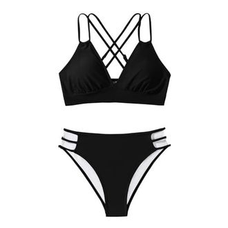 Generic Ensemble bikini push-up 2 pi&egrave;ces pour femme - Rembourr&eacute; - Taille haute - Col en V - Maillot de bain de piscine dos nu, Noir, XL