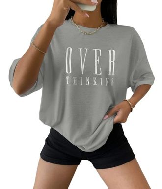 TOMWELL Damen Tshirt Kurzarm Sommer Oberteile Oversized T-Shirt mit Buchstaben Druck Lose Rundhals Sport Shirt Teenager M&auml;dchen Top Tunika Lang A Hellgrau XXL