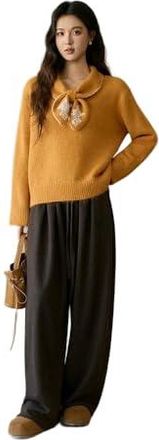 Generic QXDZSW Pull en tricot jaune pour femme Automne Hiver Col Noeud &Eacute;pissure Dentelle Tops Loose Chaud Pull Pulls, Orange, Taille unique