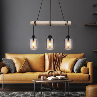 Globo Lighting Hängeleuchte Pendelleuchte Holzpendellampe Holz Esszimmerlampe Hängelampe Esstisch, Glas rauch, 3x E27, LxH 98x130 cm