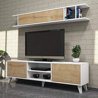 Hanah Home Stylish TV Unit with Wall Shelf, White & Pine, 160 cm | 100% Melamine Coated Particle Board, 18 mm Thick | Multiple Shelves & Wall-Mountable Design