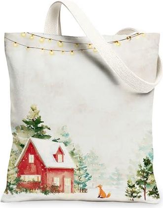 Generic Sacs fourre-tout en toile motif renard dhiver, motif animaux rustiques, r&eacute;utilisables, vintage, l&eacute;gers, lavables avec bandouli&egrave;re, blanc, 13x15 Inch