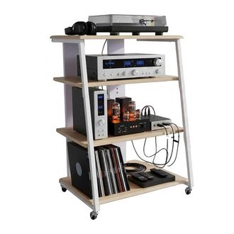 Relaxdays Hifi Rack, 4 Ebenen, f&uuml;r Plattenspieler, Stereoanlage, Eisen & MDF, 78x61x52 cm, Multimediaregal, natur/wei&szlig;