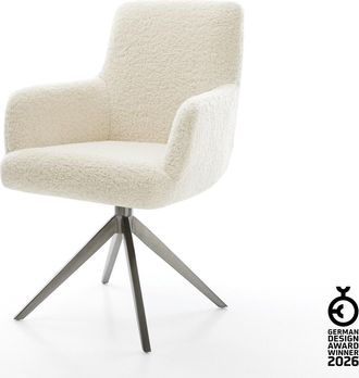DELIFE Drehstuhl Heira-Flex mit Armlehnen Teddystoff Beige Kreuzgestell breit Graphit 360&deg; drehbar Wippfunktion Taschenfederkern, Esszimmerst&uuml;hle