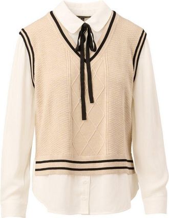 Adrianna Papell Strickpullover Long Sleeve Tie Neck Sweater Vest Twofer Top Preppy, sweater/shirt combo