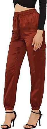 Allegra K Pantalon Cargo &eacute;lastique Taille Haute en Satin Soyeux avec Cordon de Serrage pour Femmes Marron M