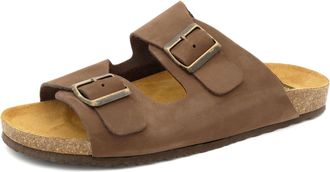 Esprit Herren Pantoletten aus Nubukleder Zwei-Riemen Sandalen mit verstellbaren Schnallen Korksohle & Leder-Fu&szlig;bett braun 39