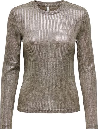 Only Damen Onlmirinda L/S O-Neck JRS Top, Humus/Detail:Melange + Silver metallic, Large