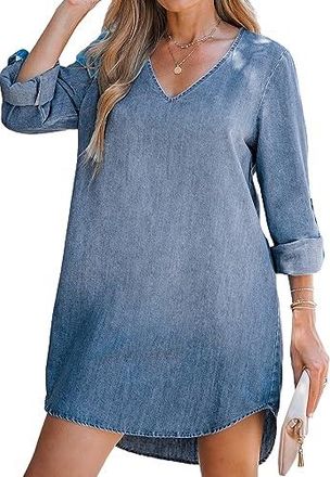 Cupshe Mini robe en jean à manches longues et col en V pour femme avec poignets enroulés, bleu, L