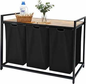 Relaxdays W&auml;schesammler mit 3 W&auml;sches&auml;cke, 150 L, Holzoptik Ablage, HBT: 73,5 x 109,5 x 33cm, W&auml;schekorb, schwarz/natur
