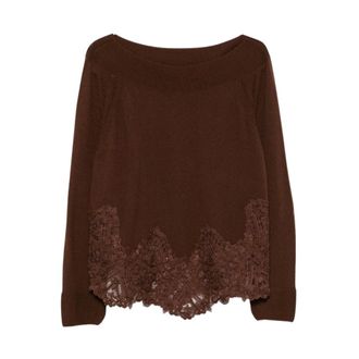 Ermanno Scervino Haut en cachemire pur avec bordure en dentelle - Femme - Pulls - Brun - Taille: 38 FR