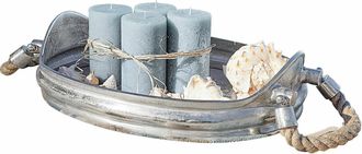 Loberon Tablett Morgan, Serviertablett im Antik-Look, l&auml;ssiger Material-Mix, dekoratives Tischaccessoire, K&uuml;chenaccessoire, Aluminiumguss, Seil, antiksilber