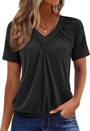 Onsoyours Tshirt Damen V-Ausschnitt T-Shirt Sommer Oberteile Kurzarm Longshirt Causal Falten Tops A Schwarz XXL