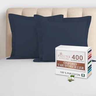 Pizuna Lot de 2 taies doreiller bleu fonc&eacute; en coton avec 400 fils au pouce carr&eacute;, doux et somptueux, tissage satin&eacute; (lot de 2 taies doreiller bleu fonc&eacute;, 65 