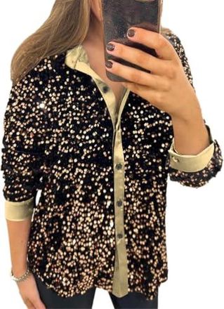 Onsoyours Chemisier à Paillettes pour Femmes Chemisier à Boutons à Revers Haut à Manches Longues Haut de fête Tunique Décontractée A Or XL