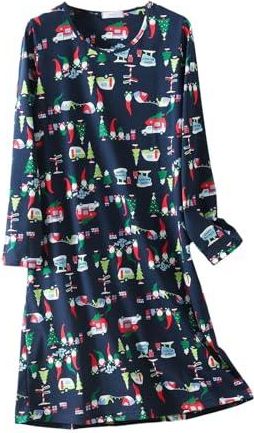Generic Robe de nuit pour femme &agrave; manches longues - Chemises de nuit &agrave; manches longues pour femmes &acirc;g&eacute;es - V&ecirc;tements de nuit amples - Pyjama haut &agrave; encolure d