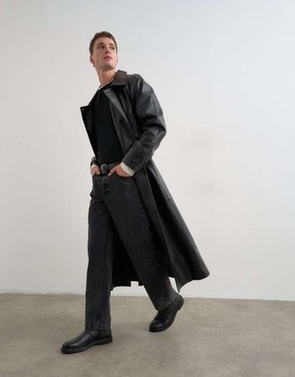 Topman trench long en cuir noir