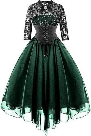 Generic Robe Corset Gothique Femme en Dentelle Vintage à Lacets Manches Courtes Midi Robe De Steampunk Cocktail Formelle Punk Hippie Cocktail SoiréE FêTe Part