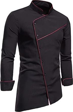 Generic Chemises &agrave; manches longues pour homme, col montant, asym&eacute;trique, boutons obliques, chemisiers irr&eacute;guliers, chemises boutonn&eacute;es, T-shirt noir &agrave; manches