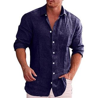 Generic Chemise en lin pour homme - Infroissable - Manches longues - En mousseline respirante - Coupe droite - Couleur unie - Revers - Chemise &agrave; manches longu