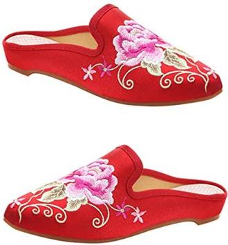 Garneck Pantoufles Maison Brod&eacute;es Ethniques Rouges Chaussures Femme Confortables et L&eacute;g&egrave;res &agrave; Bout Fin pour Int&eacute;rieur Style D&eacute;contract&eacute; et &Eacute;l&eacute;gant