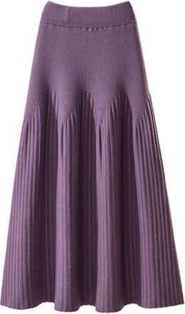Minetom Jupe Longue Femme Jupe en Tricot Élégant Taille Haute Plissée Midi Jupe Automne Hiver Élastique A-Line Casual Party Fête Jupe B Violet L