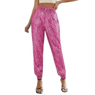 Generic Pantalon scintillant pour femme - &Eacute;lastique - Coupe haute - Brillant - Pantalon crayon d&eacute;contract&eacute; - Pantalon long - Tenue de vacances - Pyjama 3/4 po