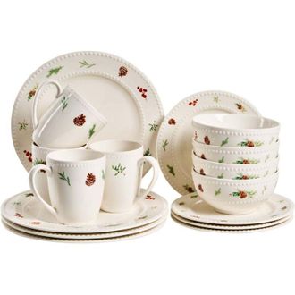 Beliani Ensemble de 16 Pi&egrave;ces de Vaisselle en Porcelaine Fait Main Finition &Eacute;maill&eacute;e R&eacute;active Motif de No&euml;l Blanche Marjoram
