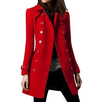 Generic Manteau dhiver mi-long &agrave; double boutonnage pour femme avec revers crant&eacute;, Rouge, 3XL