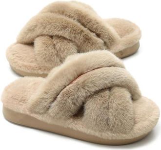 Generic Chaussons &agrave; plateforme &agrave; bande crois&eacute;e duveteuse pour femmes, chaussons dhiver chauds en mousse &agrave; m&eacute;moire de forme, semelle antid&eacute;rapante, chaussures 