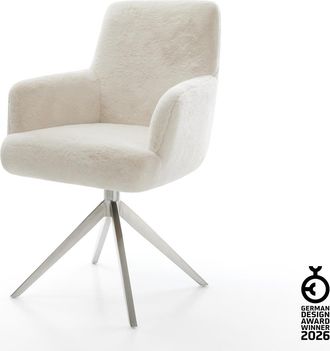 DELIFE Drehstuhl Heira-Flex mit Armlehnen Pl&uuml;sch Creme-Wei&szlig; Kreuzgestell breit Edelstahl 360&deg; drehbar Wippfunktion Taschenfederkern, Esszimmerst&uuml;hle