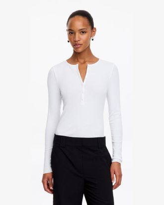 Arket Geripptes Henley-Shirt -Wei&szlig;