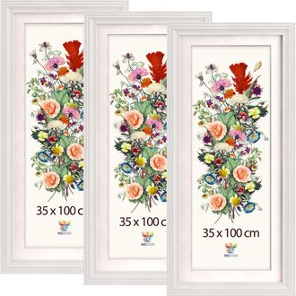 MG Design 3er Bilderrahmen 35 x 100 cm - Posterrahmen mit Wei&szlig; Echtholz-Zierprofil und bruchsicherem Acrylglas, mit Passepartout, Hoch & Quer mit verst&auml;rkter Wa
