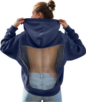 Generic Hoodie Damen Hollow Mesh Back Kapuzenpullover Sexy Transparent Pullover R&uuml;ckenfrei Netz Hoody mit Taschen Einfarbig Kapuzenpulli See Through Langarm S