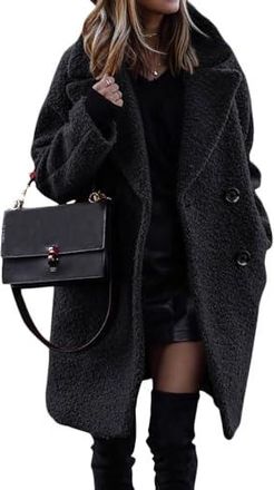 ORANDESIGNE Manteau Dhiver Femme Duveteux Polaire Revers Manches Longues Bouton Chaud Fausse Fourrure Vêtements Dextérieur Veste Sherpa Cardigan XXL A Noir