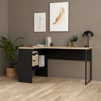 Dmora Schreibtisch Patience, Mehrzweckschreibtisch, B&uuml;rotisch f&uuml;r PC, Eckschreibtisch, 145x81 h77 cm, Schwarz und Eiche