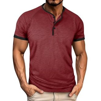 Generic DENGJIAMY Chemise Henley &agrave; manches courtes pour homme - T-shirt d&eacute;t&eacute; classique basique pour homme - V&ecirc;tements d&eacute;contract&eacute;s - Col en V boutonn&eacute;, Rouge,