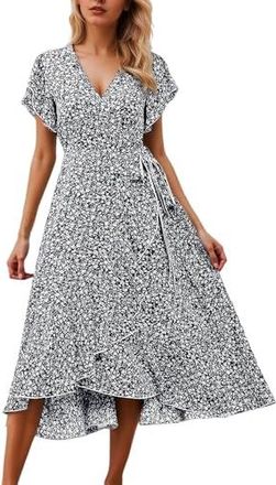 Generic Robe boh&egrave;me 2026 pour femme, robe d&eacute;t&eacute; d&eacute;contract&eacute;e &agrave; motif floral, robe d&eacute;t&eacute; &agrave; col en V fluide, Noir, XXL