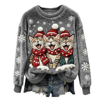 Generic Pull de No&euml;l pour femme - Grande taille - Motif imprim&eacute; de No&euml;l - Haut &agrave; manches longues - Coupe ample - Doux et confortable - Pour femme - Chaud et a