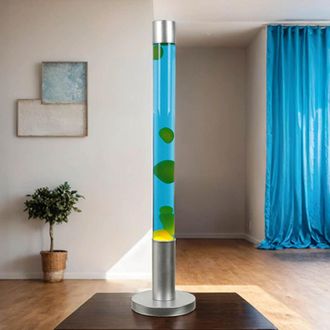 Licht-Erlebnisse Lampe &agrave; lave XXL Alan H:76 cm &agrave; la mode r&eacute;tro au design cilindrique cire verte et liquide bleu clair G9