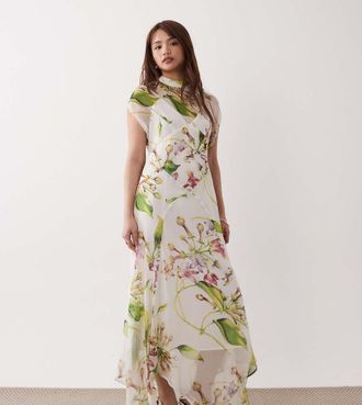 Asos Petite ASOS DESIGN Petite - Hochgeschlossenes Chiffon-Maxikleid mit Zipfelsaum und gro&szlig;em Blumenmuster-Bunt